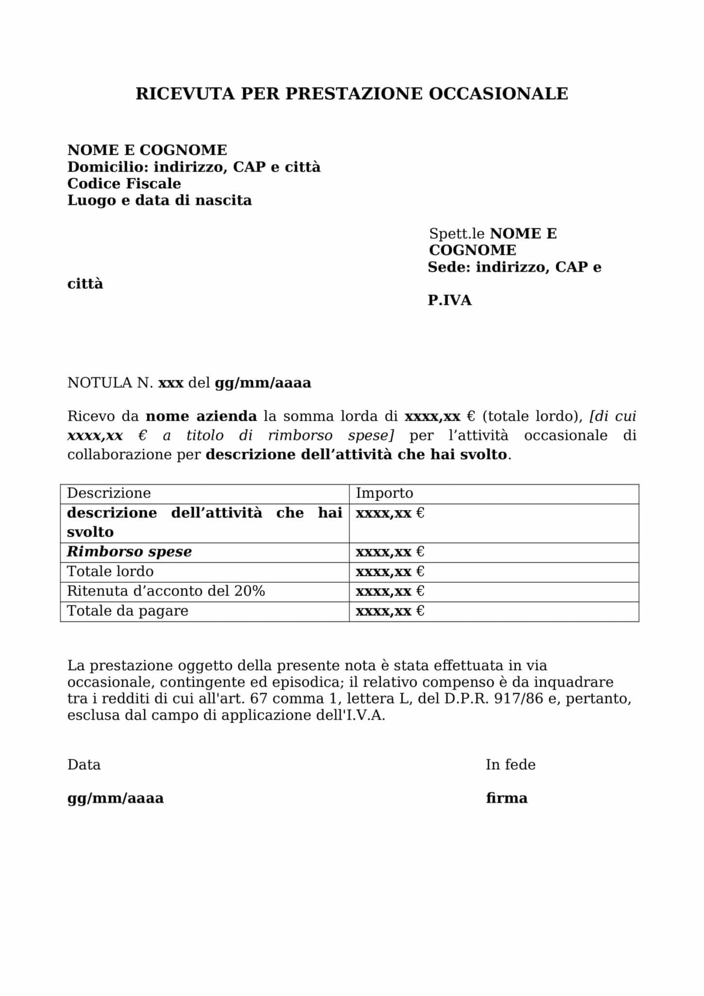 Fattura Senza Partita IVA - Ricevuta di Prestazione Occasionale